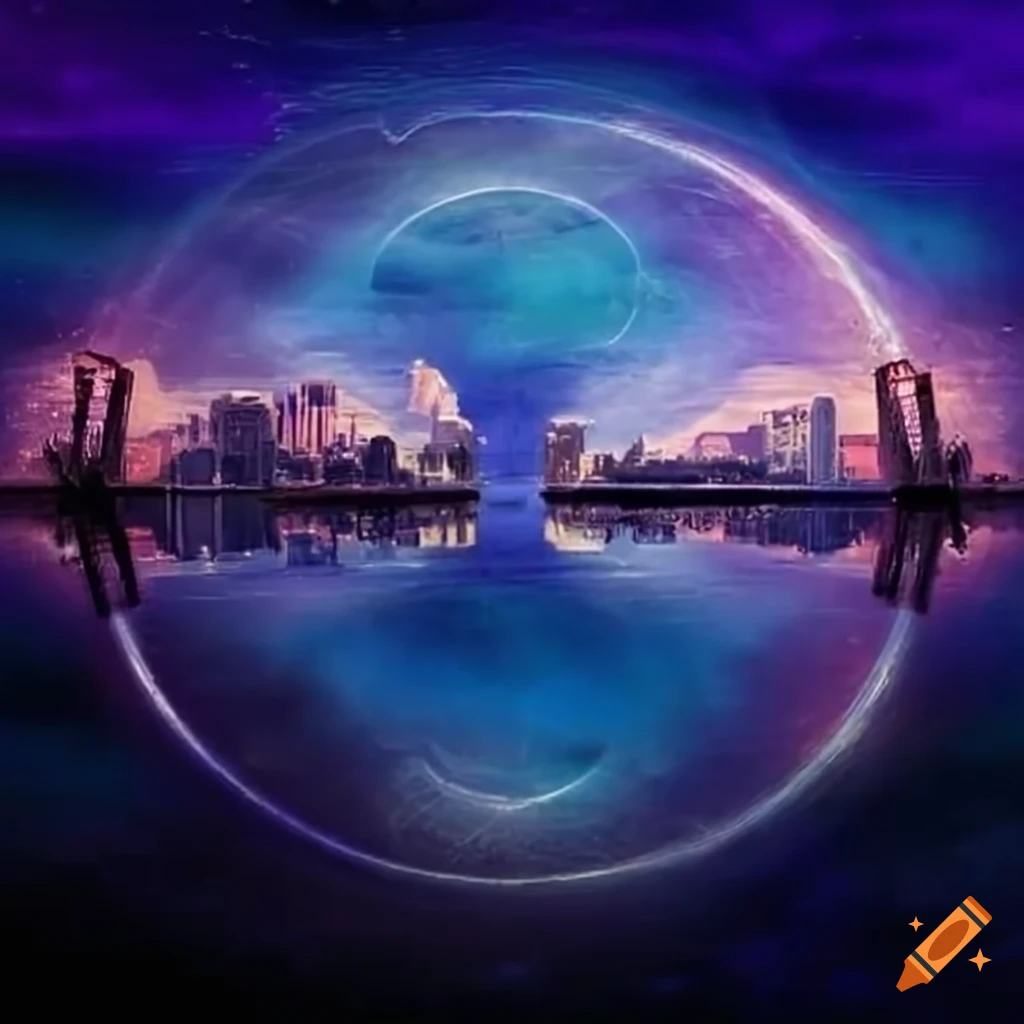 Twins standing in front of a city surrounded by a magnetic field with ...