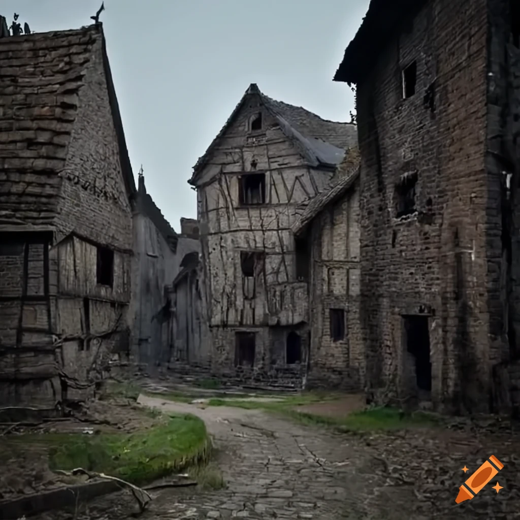Destroyed medieval village in a foreboding weather on Craiyon