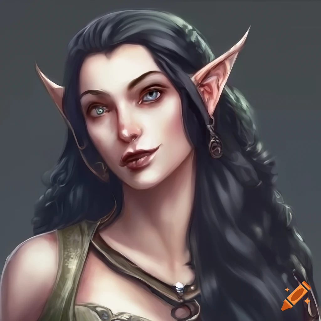 Portrait of female elf with detailed black wavy hair and grey eyes from ...