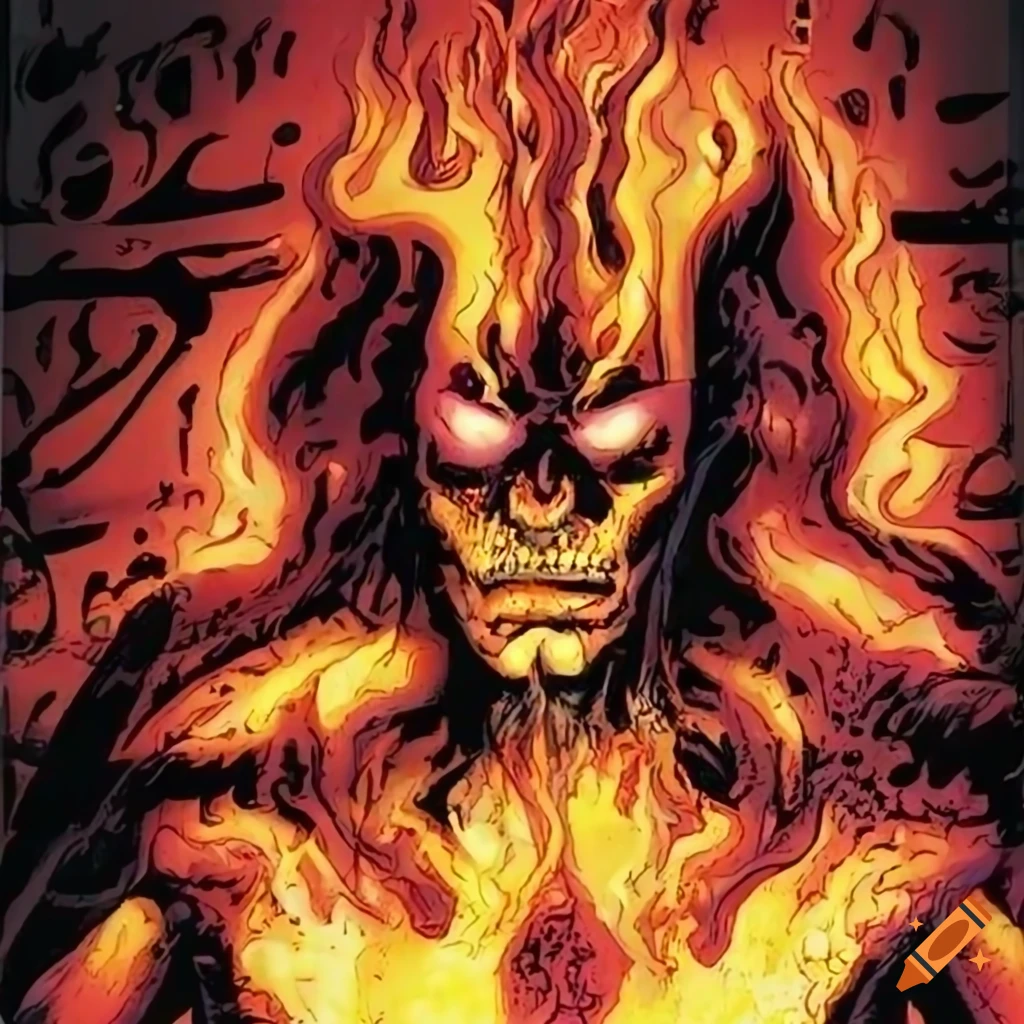 Old comic with flames by derek riggs on Craiyon