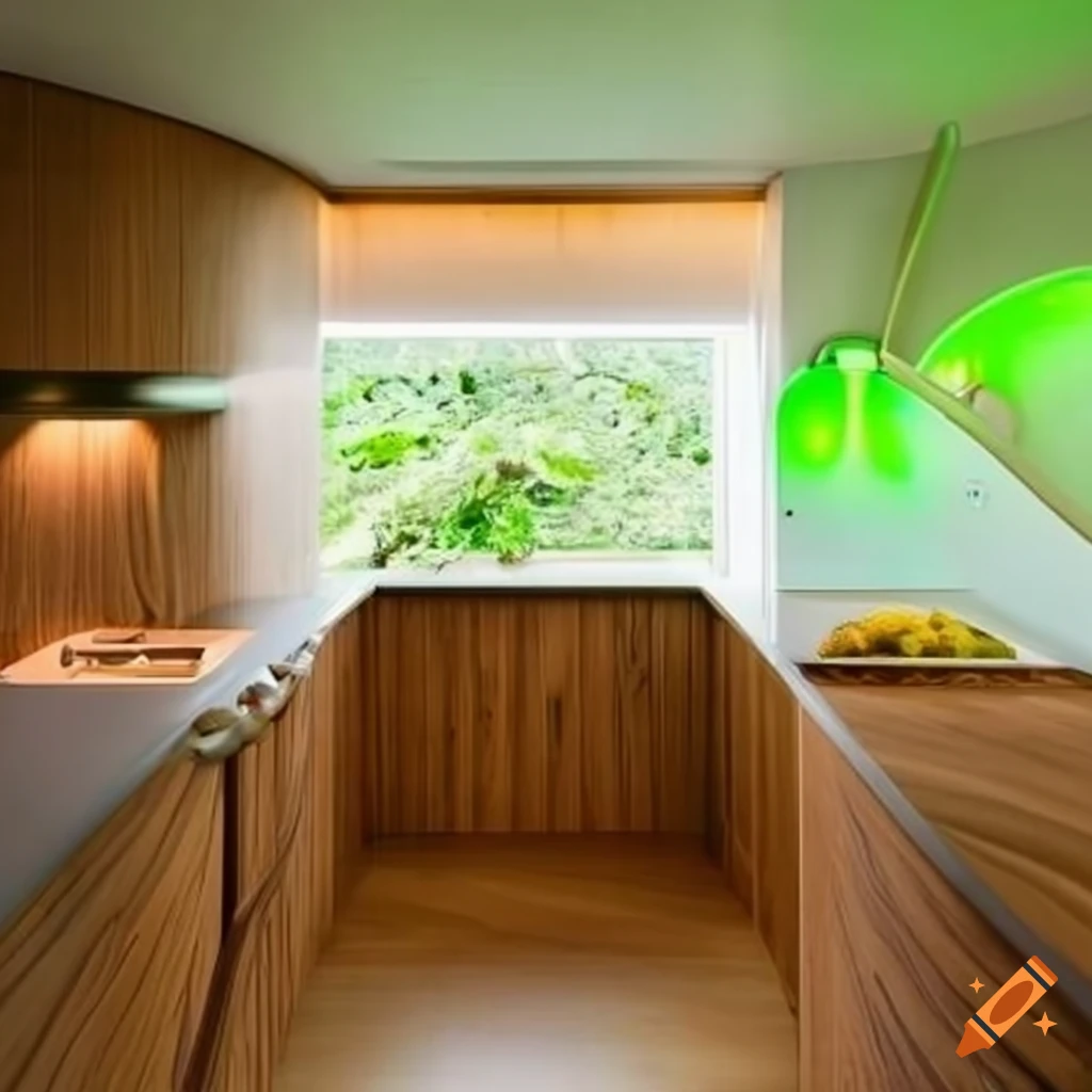 Asymmetric open plan kitchen with organic curves and retro neon lights ...