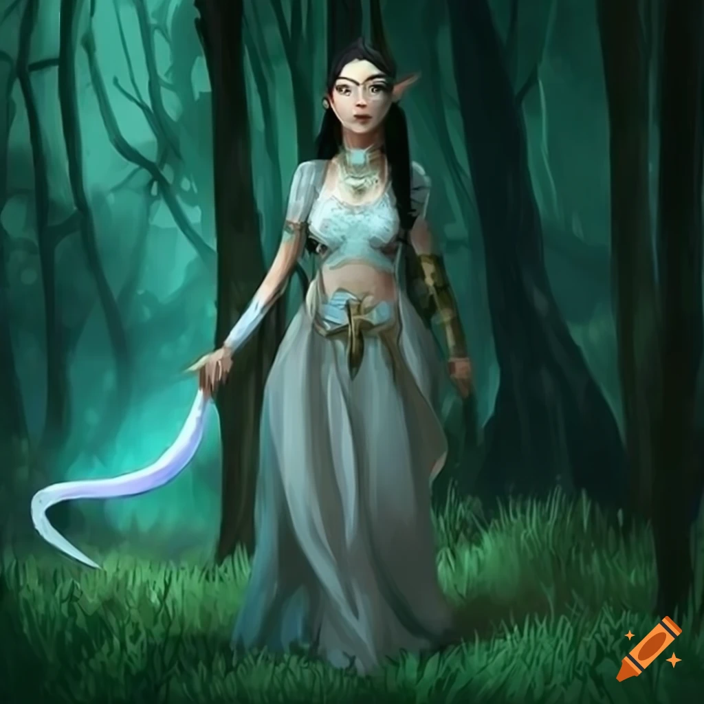 Ethereal woman as a DND elf with a sickle in a forest setting on Craiyon