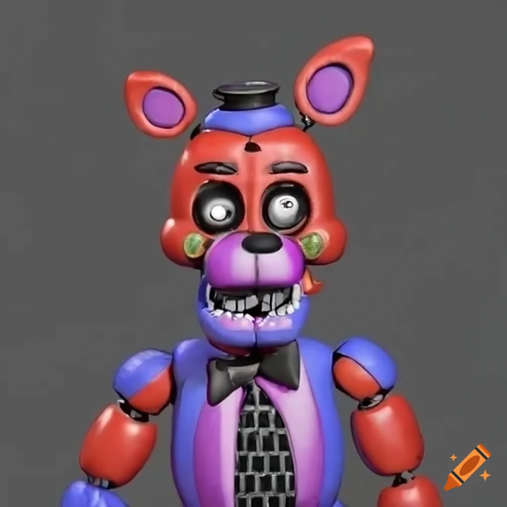 Fox animatronic with red and blue colors, top hat and tie on Craiyon