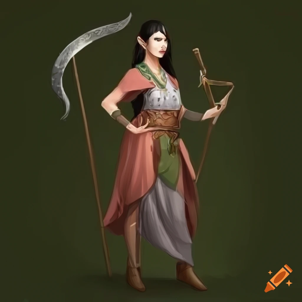 Half-asian woman as dnd elf character in tunic with sickle among lush ...