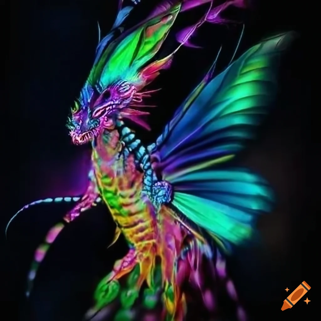 Psychedelic dragon with neon butterfly fusion on Craiyon