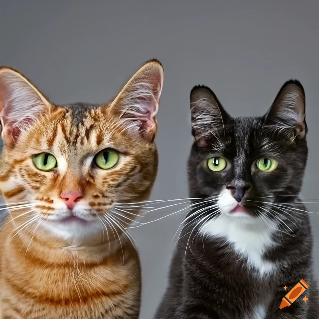 Contrast between black tuxedo cat and orange tabby cat on Craiyon