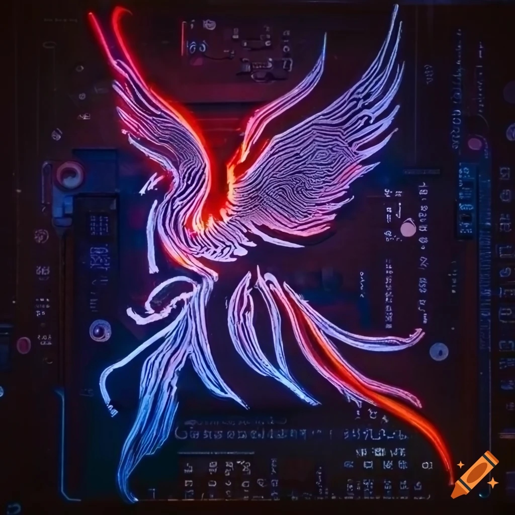 Phoenix surrounded by a printed circuit board in a logo design on Craiyon