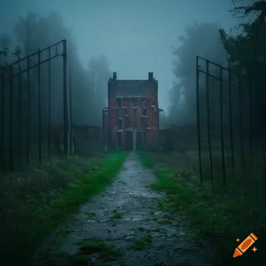Abandoned brick asylum in foggy overgrown field with dark forest and ...