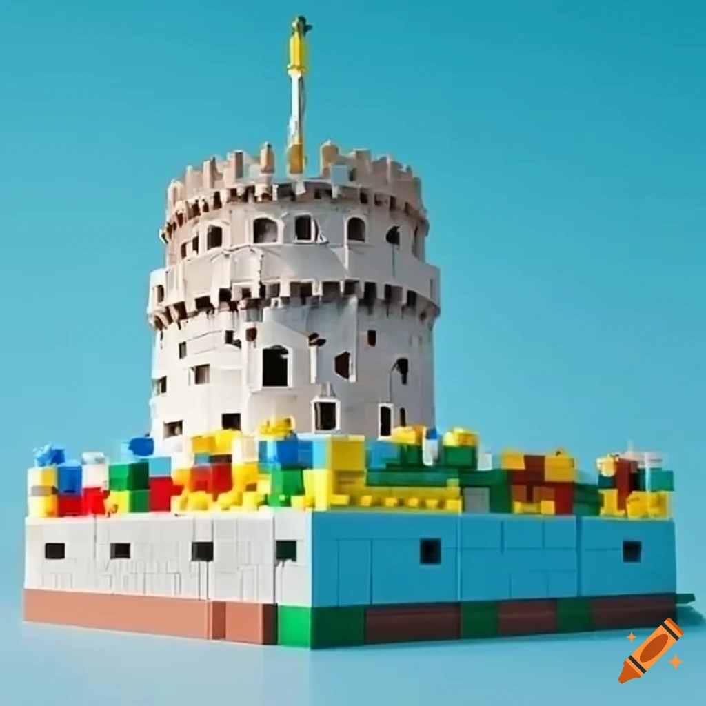 White tower of Thessaloniki made of colorful lego bricks on Craiyon