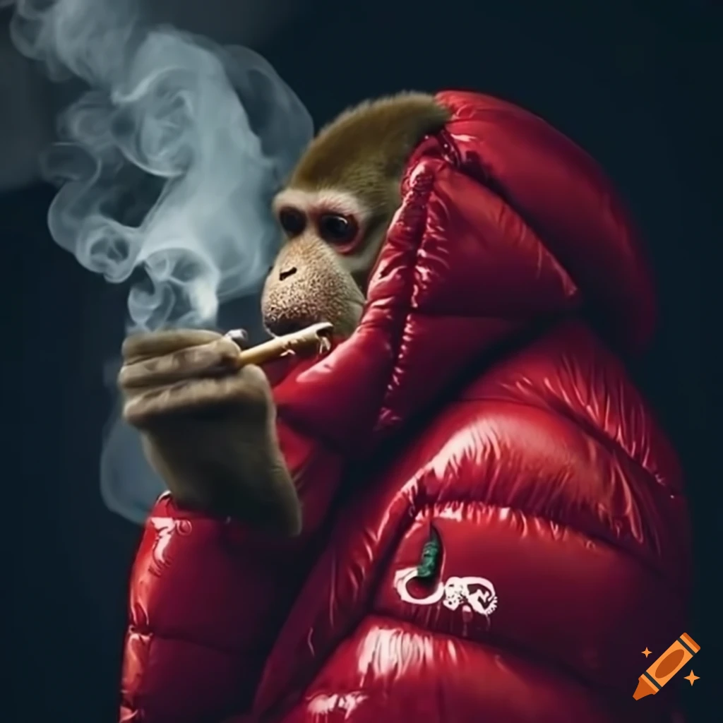 Monkey in a stylish puffer jacket smoking a cigar on Craiyon