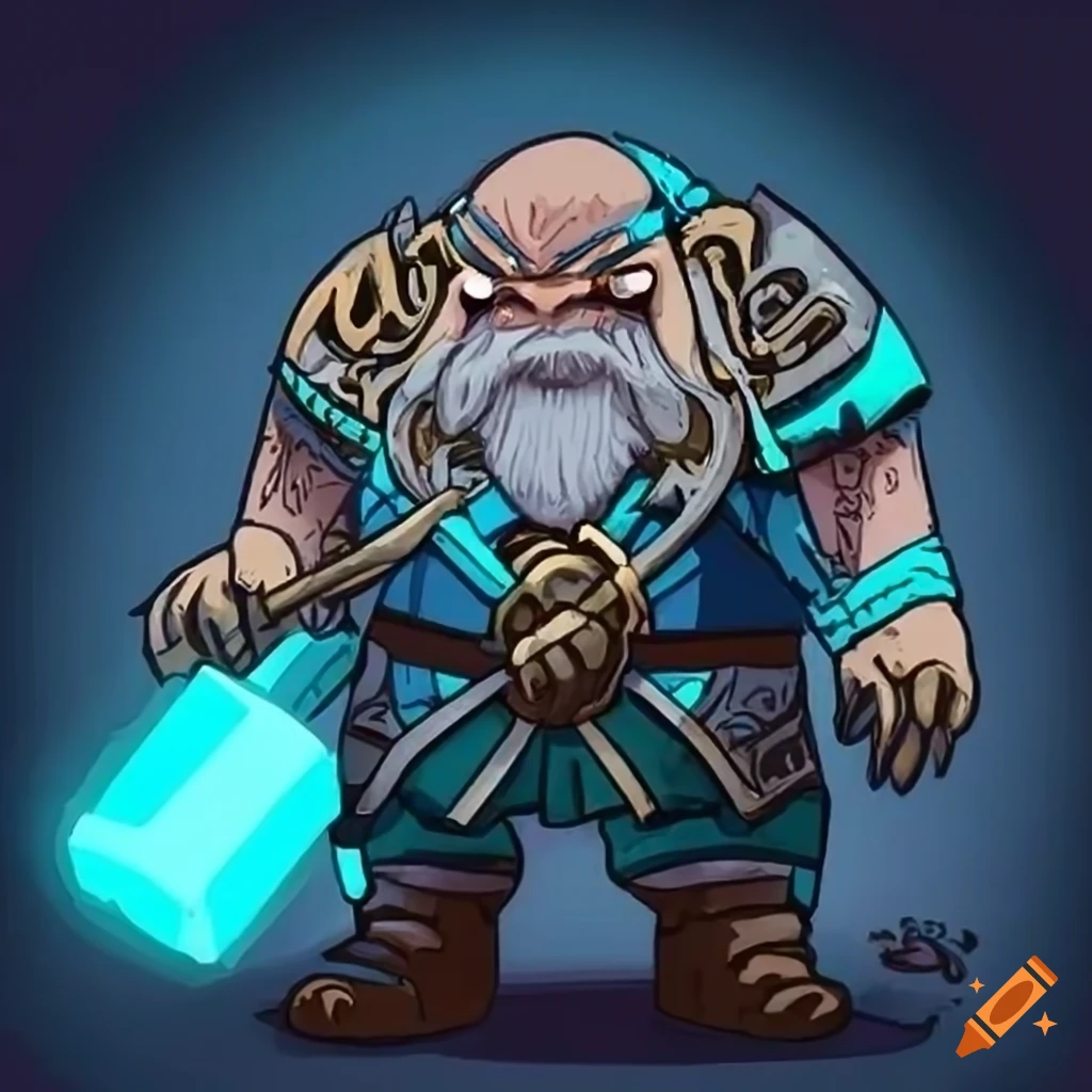 Old dwarf warrior with glowing blue eyes and mighty hammer in Adventure ...
