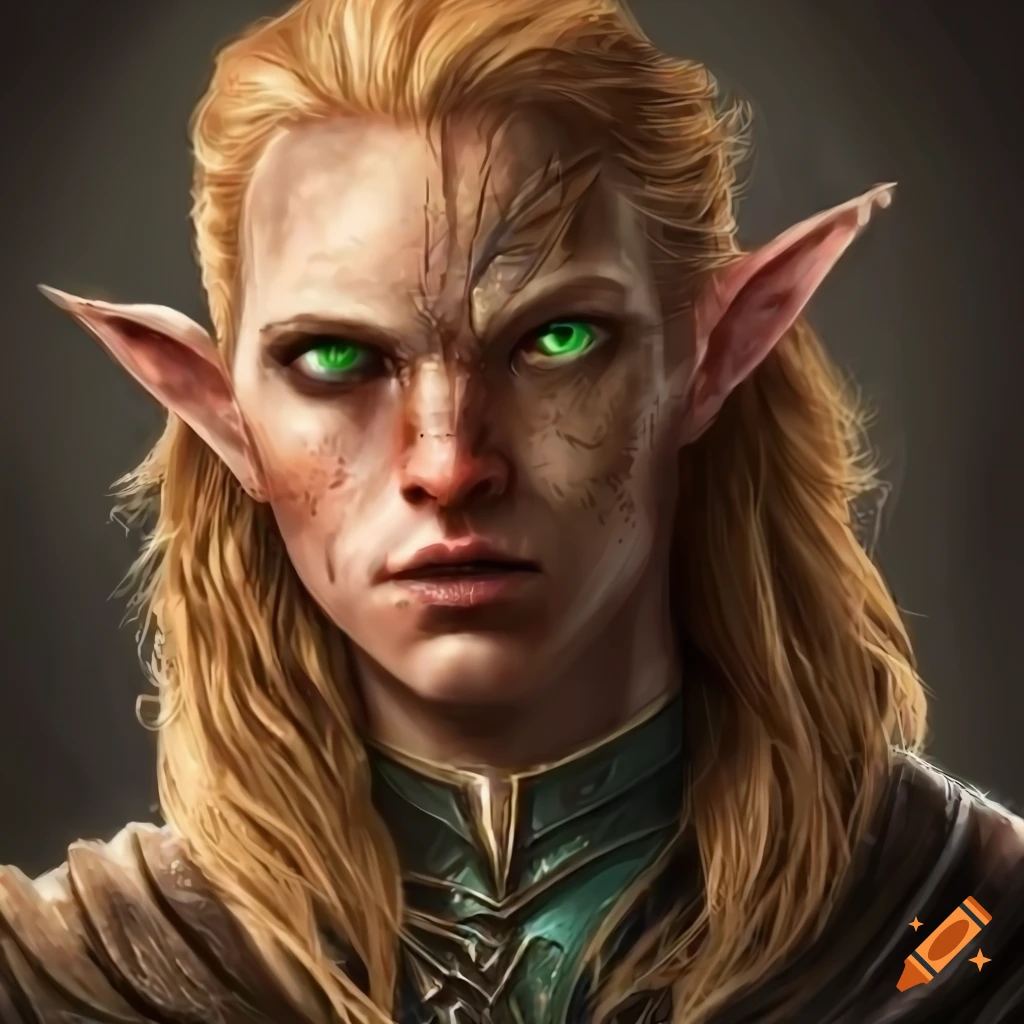 Portrait of a male elf fighter with green eyes and light brown hair on ...