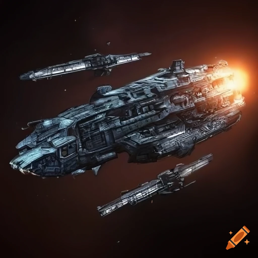 Realistic portrait of a warship spaceship with guns flying in space on ...