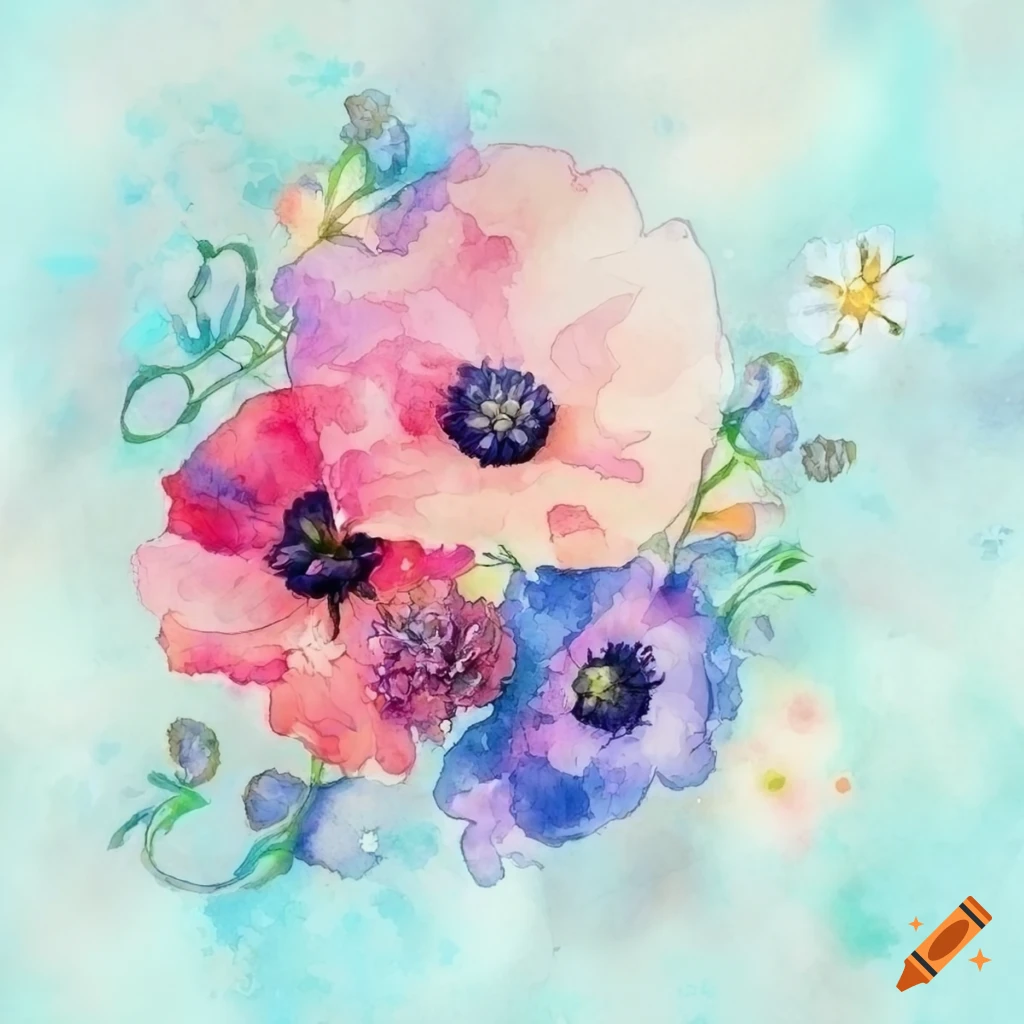 Whimsical watercolor flowers in pastel colors with vintage lace and ...
