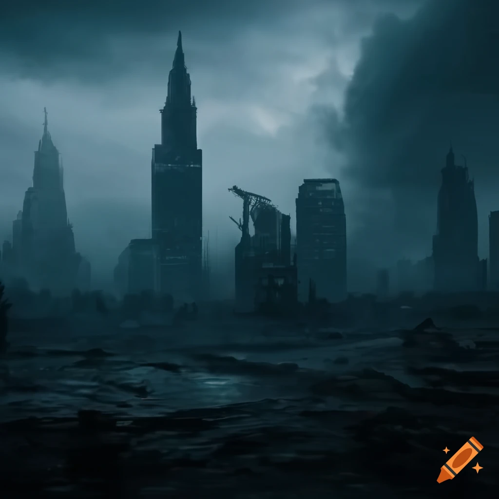 Post-apocalyptic city under dark clouds on Craiyon