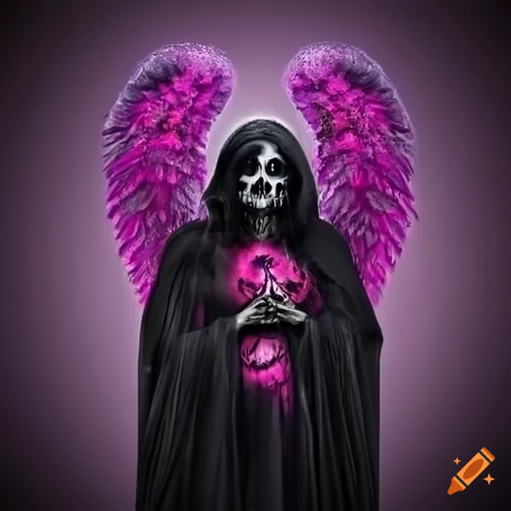 Beautiful angel of death with black and pink face in horror movie style ...