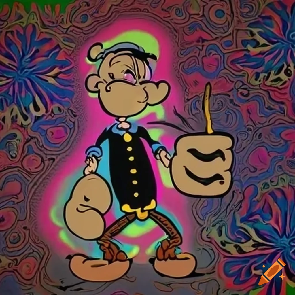 Popeye holding a can of marijuana in a psychedelic style on Craiyon