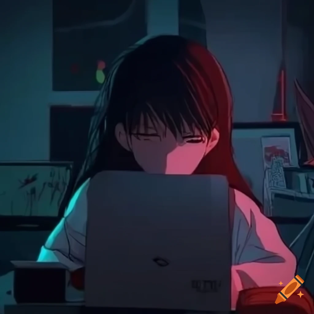 Intj hikikomori coding in dark theme environment with anime cartoon ...