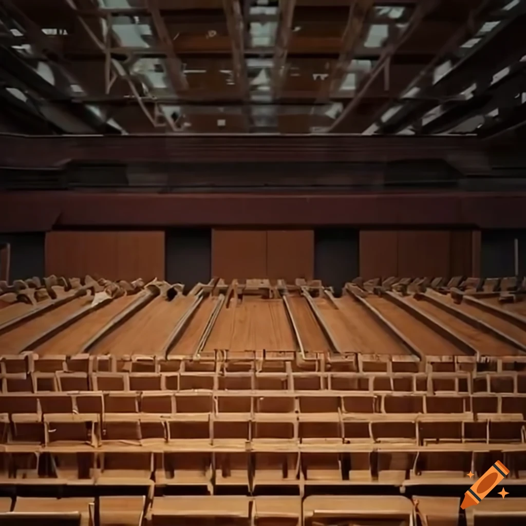 Stunning gymnasium with rows of wooden chairs for graduation ceremonies ...