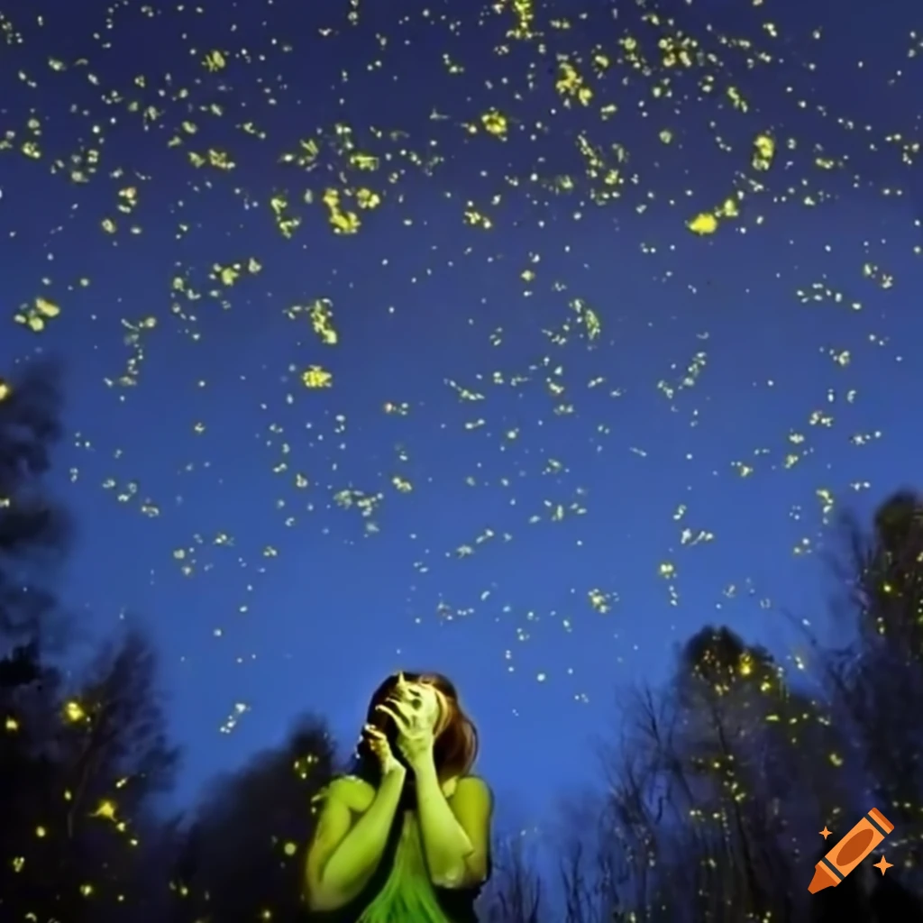 Fireflies in the night with saturn shining in the sky, woman looking up on Craiyon