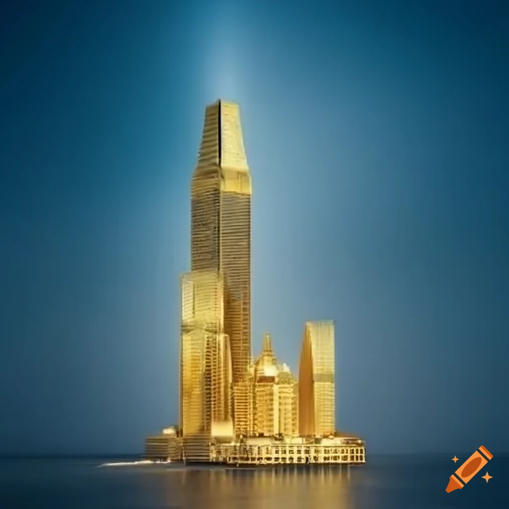 Detailed and luxurious gold square tower building model in high ...