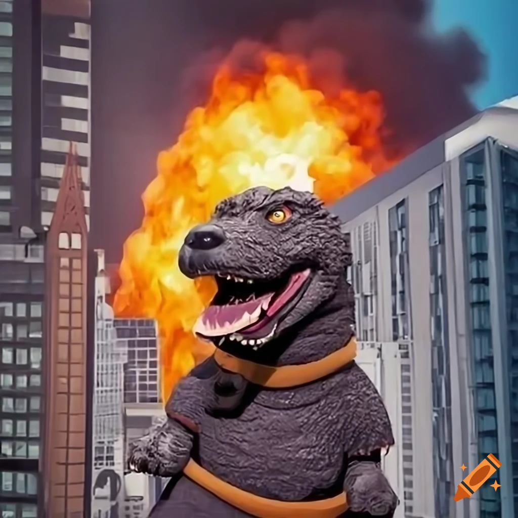 Cartoon dog dressed as Godzilla in Dogzilla City with skyscraper ...