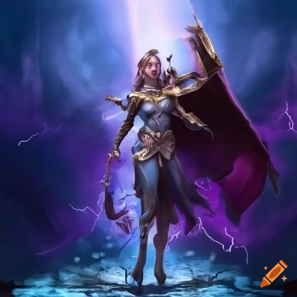 Female sorcerer ascending into the sky with lightning strikes on Craiyon