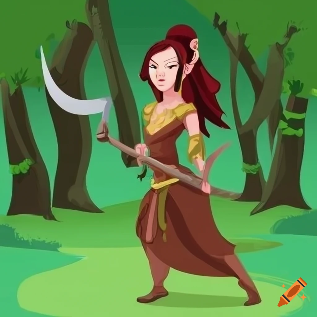 Half-Asian woman as DND elf with sickle in a forest setting on Craiyon