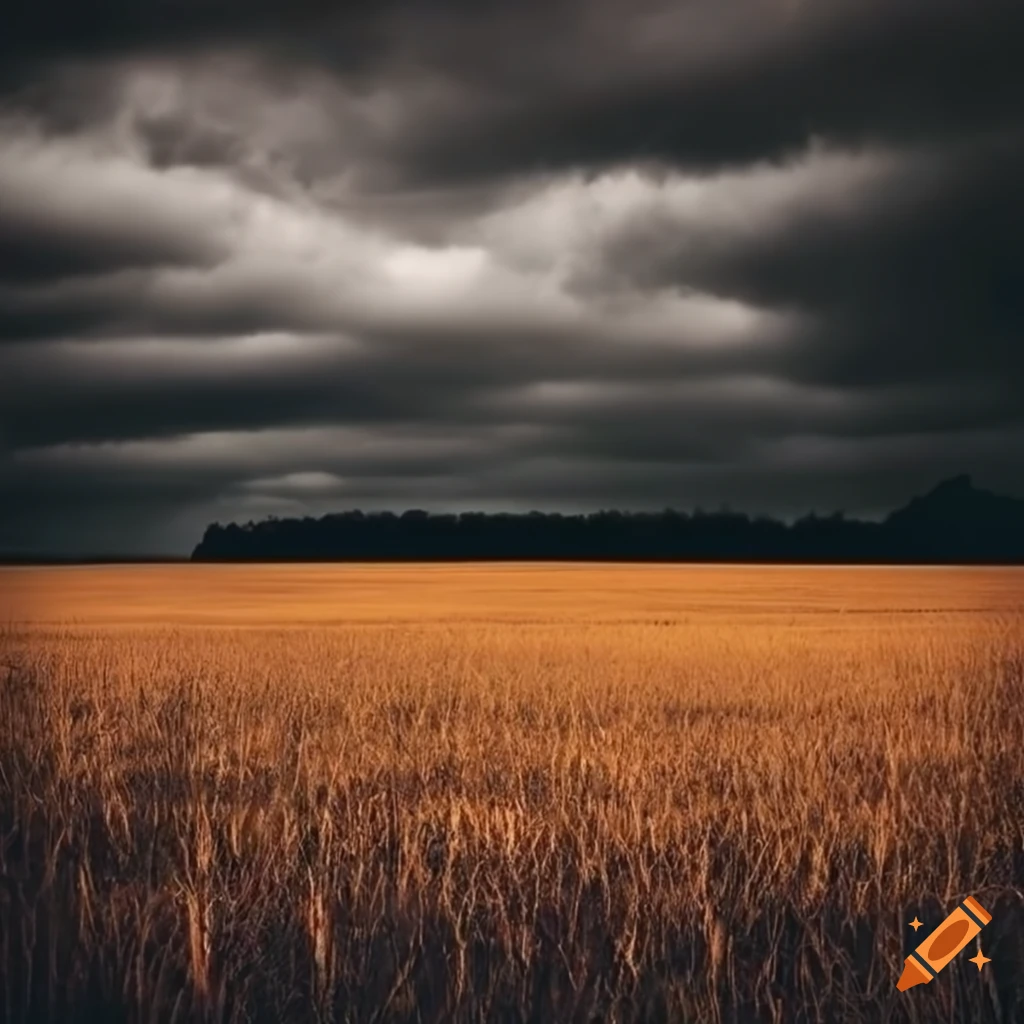Farm field under dark black clouds on Craiyon