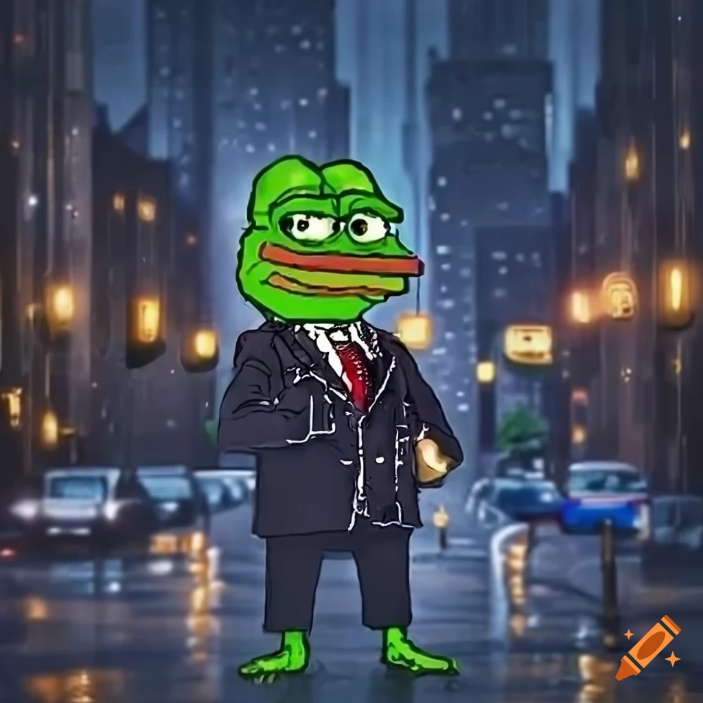 Pepe the frog in a suit standing in the rain with nostalgic city lights ...