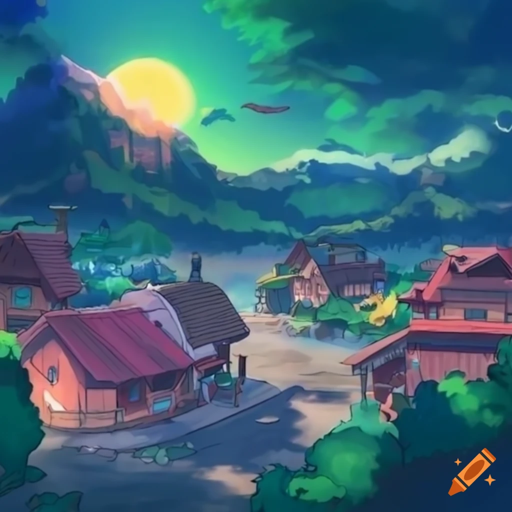 Small country town in Pokemon anime style on Craiyon