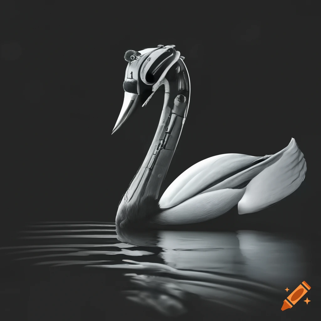 Dark monochrome robotic swan on black background on Craiyon