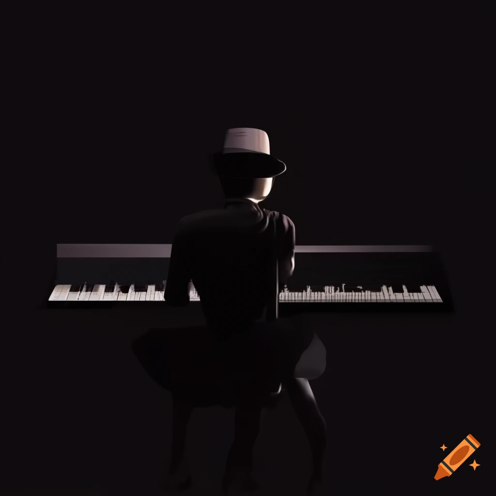 Silhouette of a man with a small hat playing a big keyboard on Craiyon