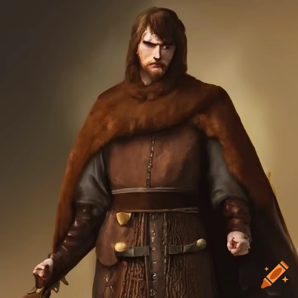 Bronze age lord in leather tunic and fur cloak with dark ragged beard ...