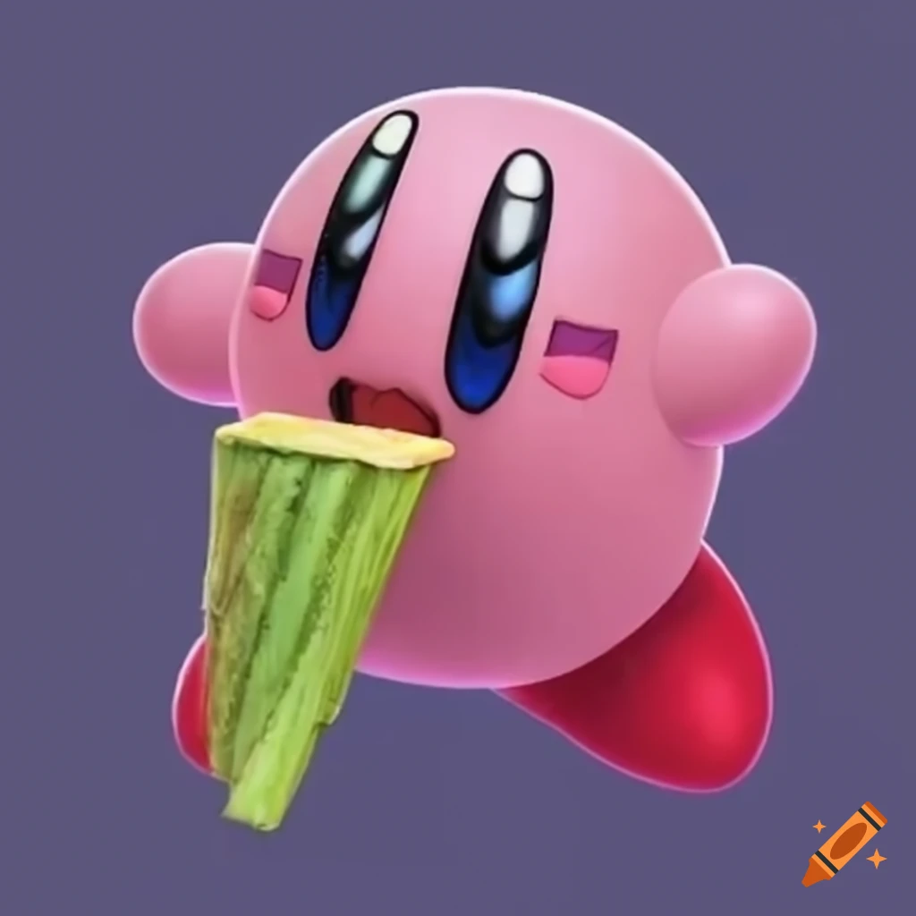 Nintendo mascot kirby eating a rhubarb on Craiyon