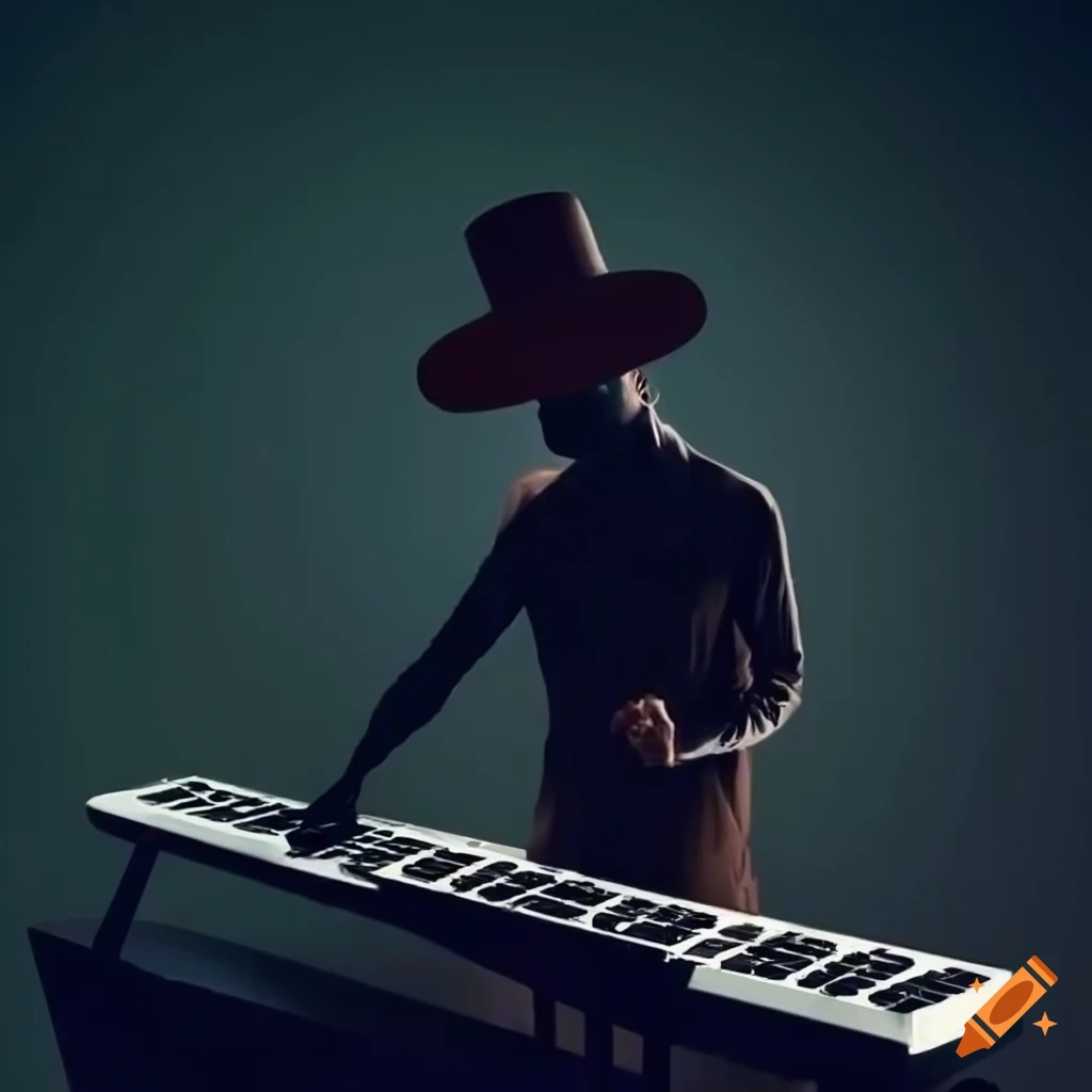 Silhouette of a man with a small hat playing a big keyboard on Craiyon