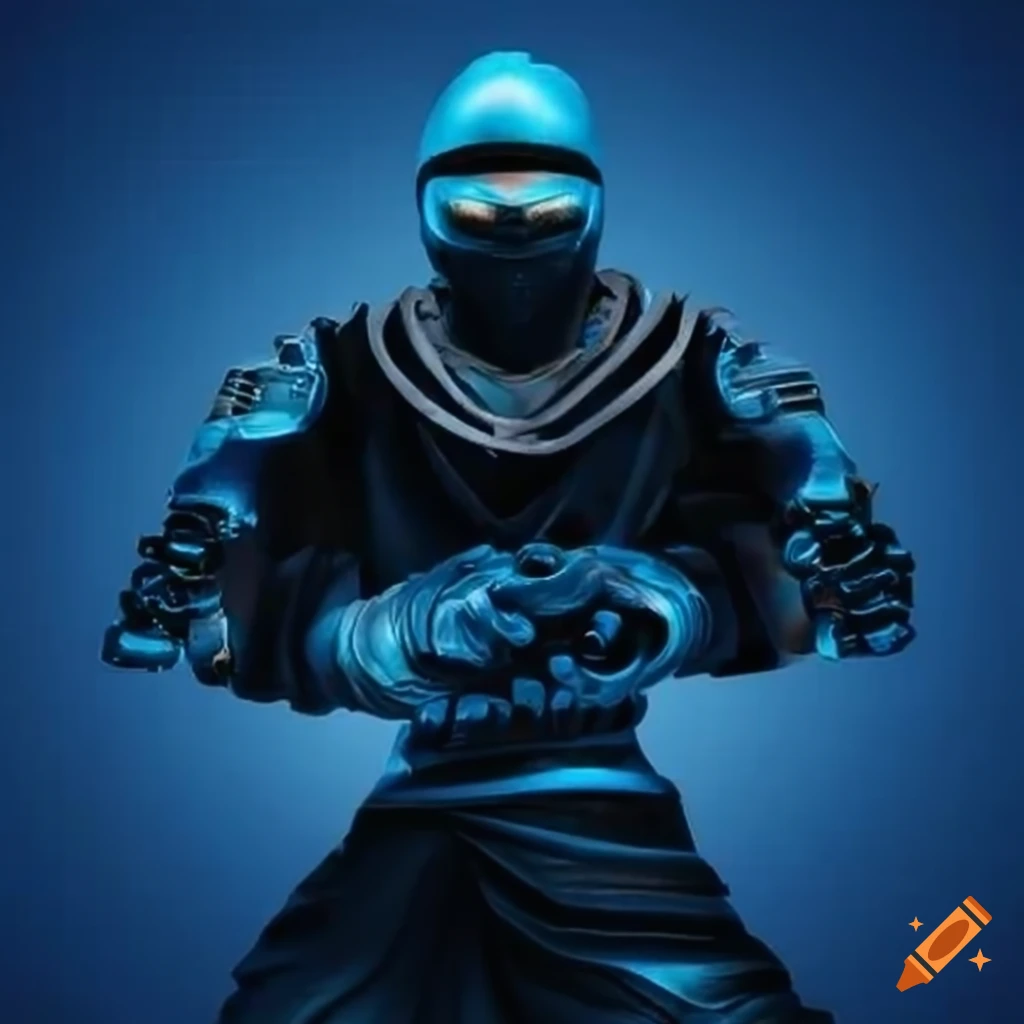 Blue ninja surrounded by robots on Craiyon