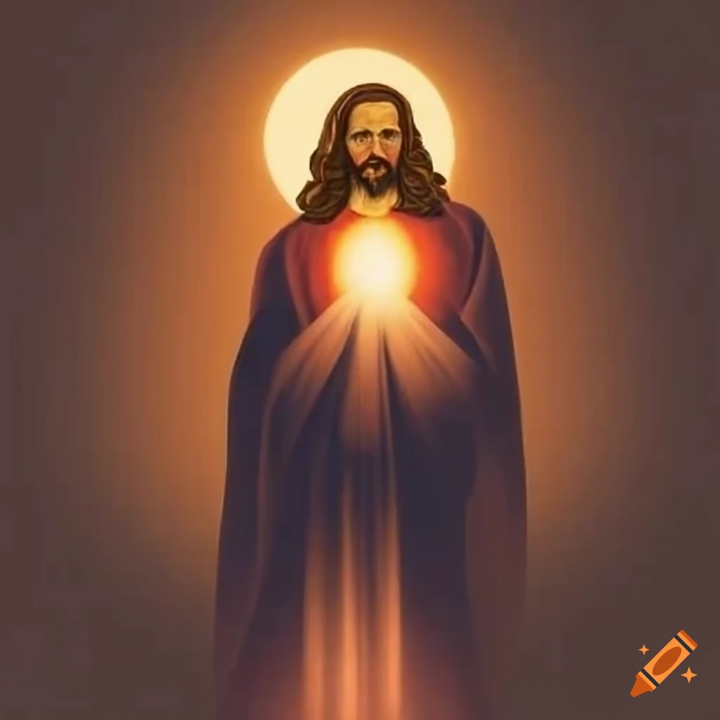 Religious figure standing in front of the setting sun holding a bible ...