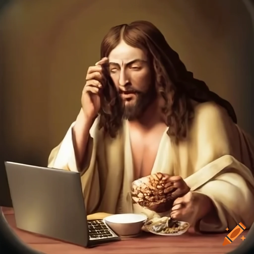 Jesus eating chinese takeaway at a computer on Craiyon