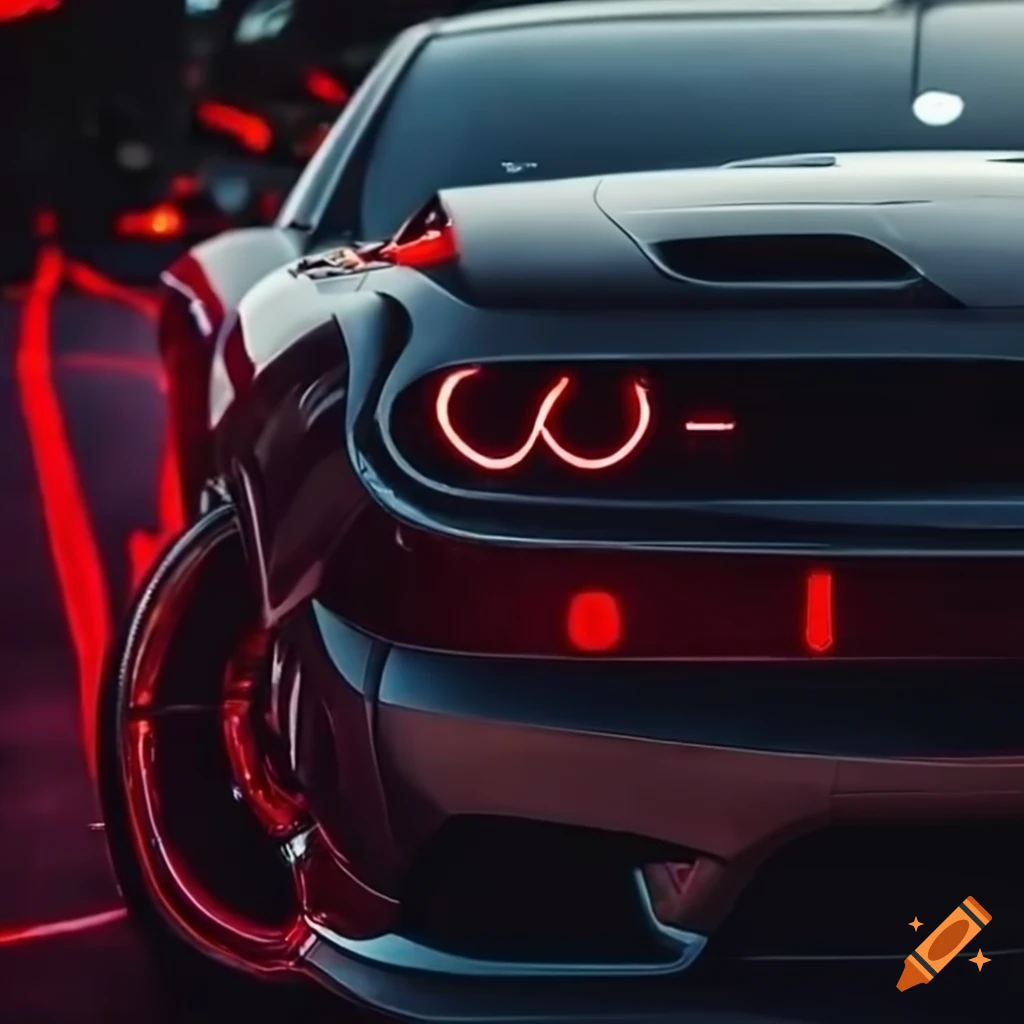 Black hellcat car with glowing red lights and underglow at a 45 degree ...
