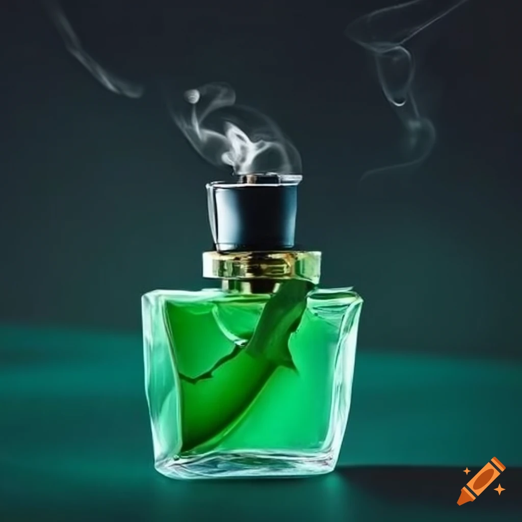 Green broken perfume with smoke, fancy and minimalist design on Craiyon