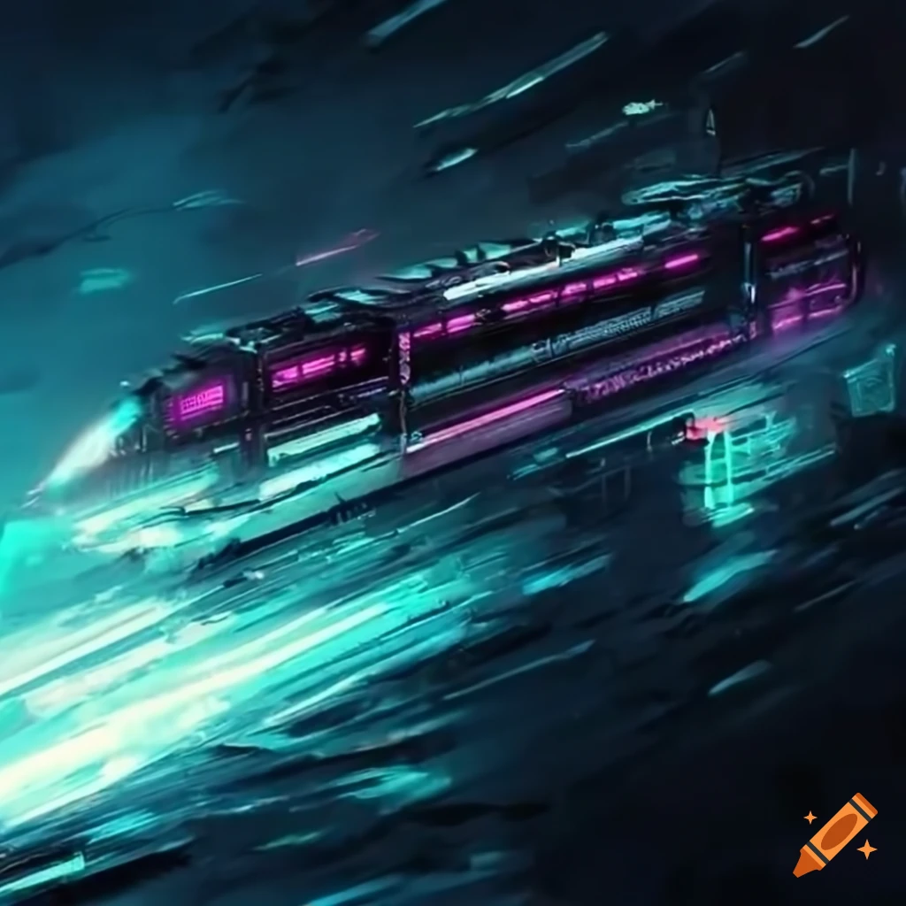 Cyberpunk night train speeding through space with heavy machinery and ...