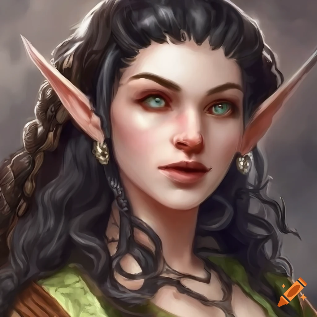 Portrait of beautiful female elf with black wavy hair, perfect green ...