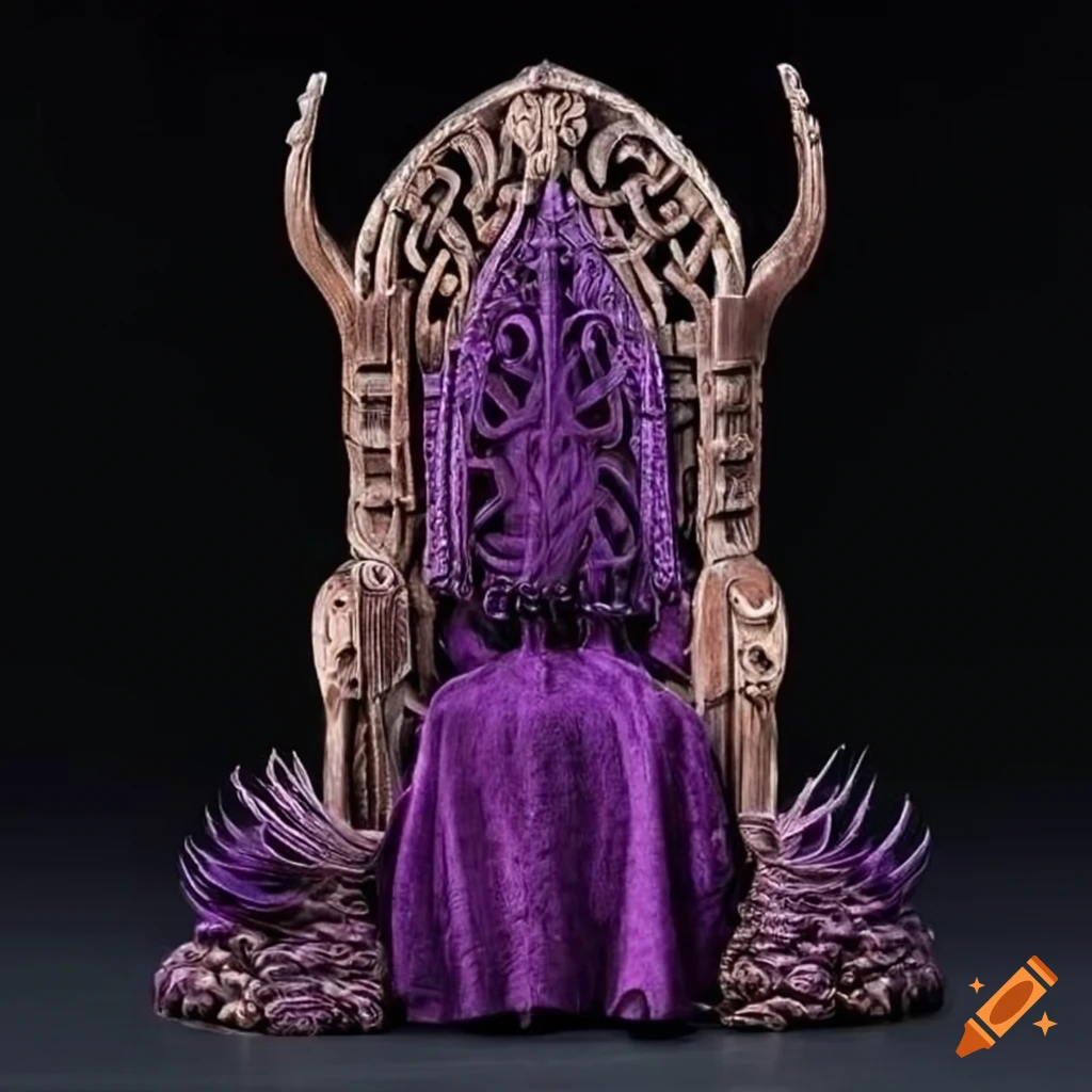 Carved viking throne with purple fabric draping on Craiyon