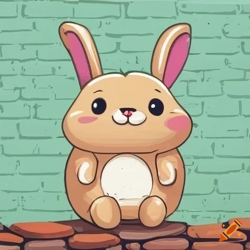 Chubby rabbit sitting on a brick in cute illustration on Craiyon