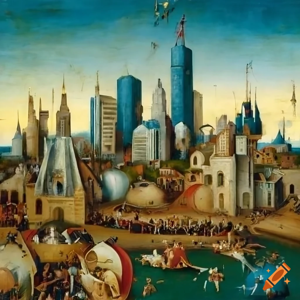Chicago skyline reimagined in Hieronymus Bosch's style with high detail ...