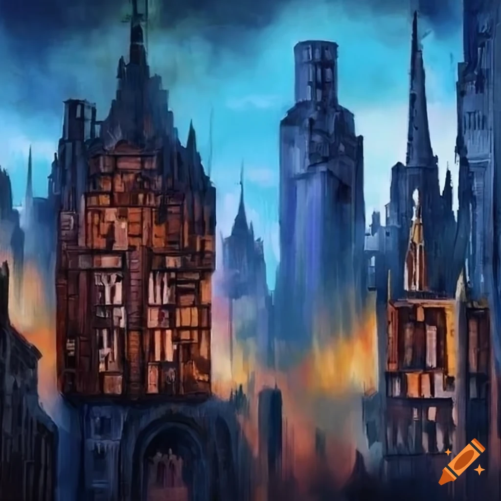Medieval-style painting of a patchwork future city skyline on Craiyon