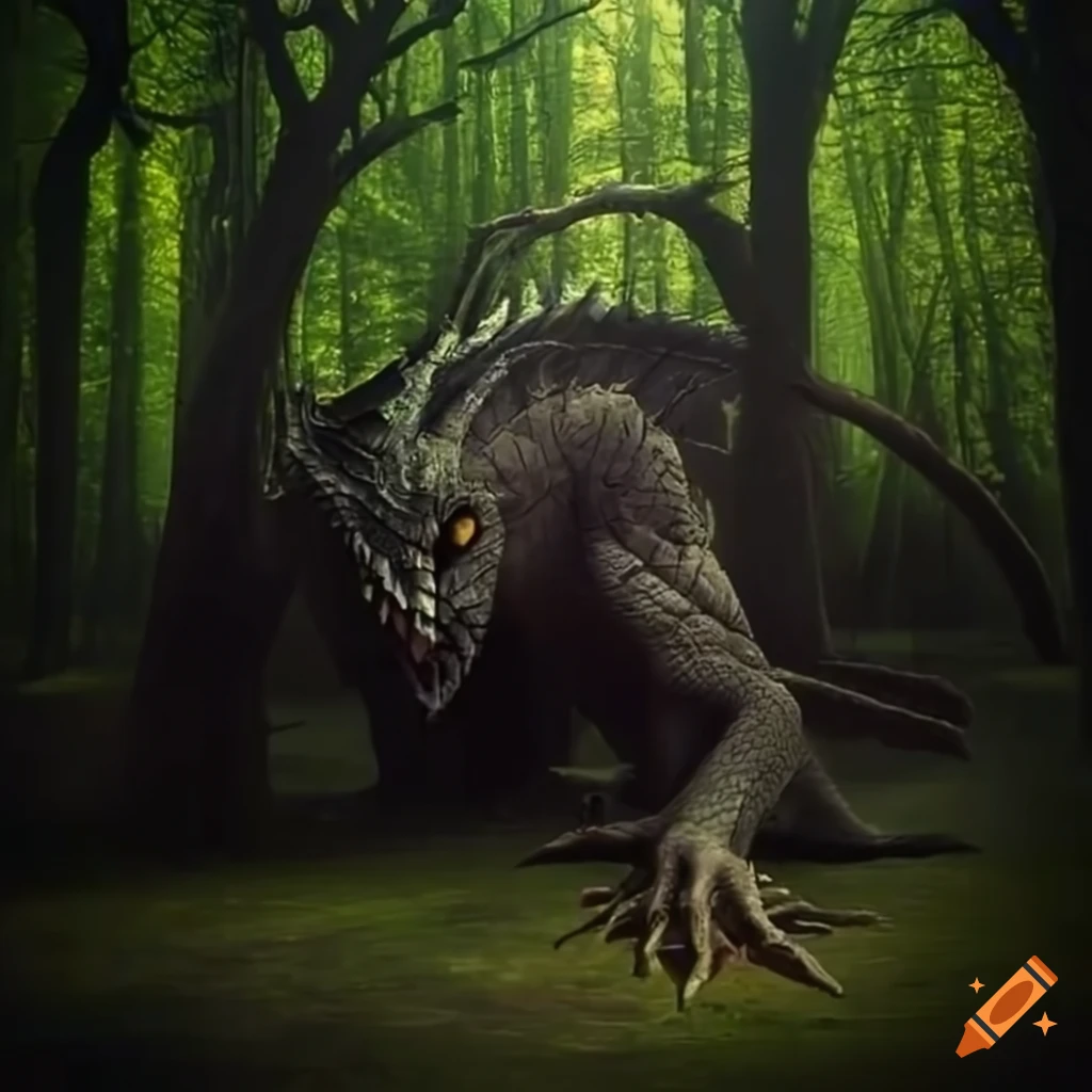 Mythical dragon creature in a forest on Craiyon