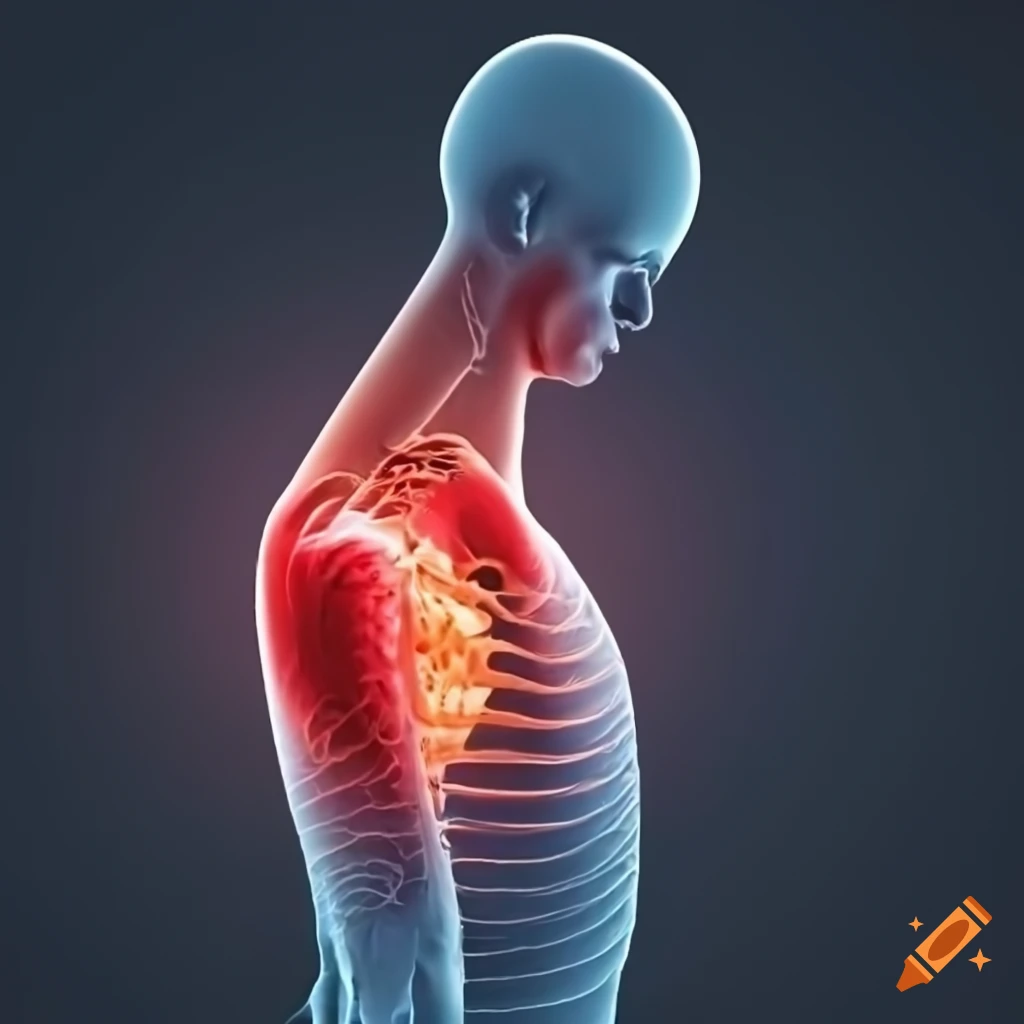 Illustration of trapped shoulder nerve with pain represented by red ...