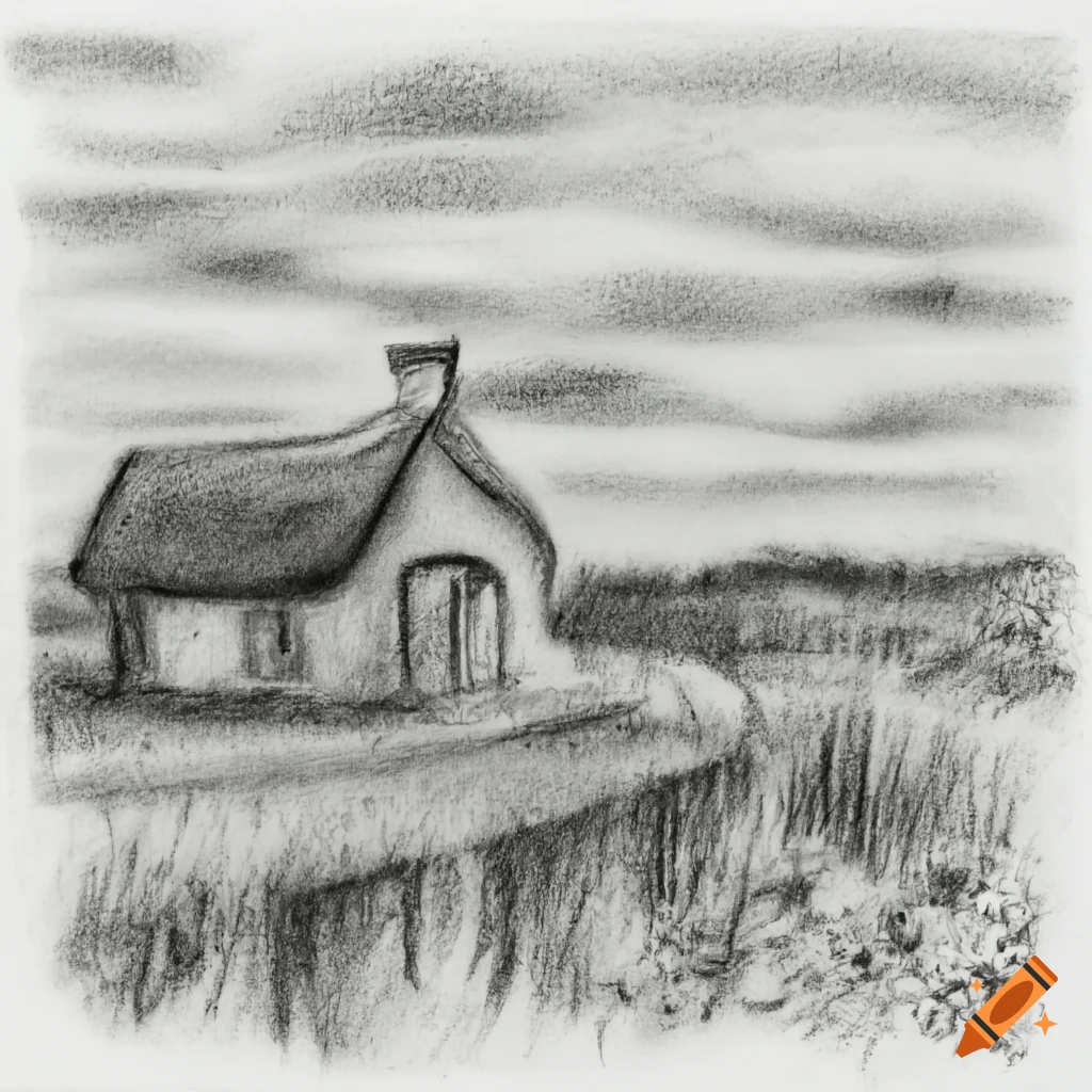 Small cottage with garden in charcoal drawing on Craiyon